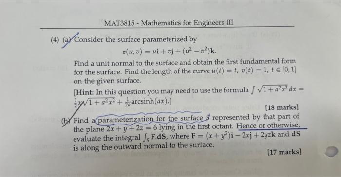 Solved (4) (a) Consider the surface parameterized by | Chegg.com