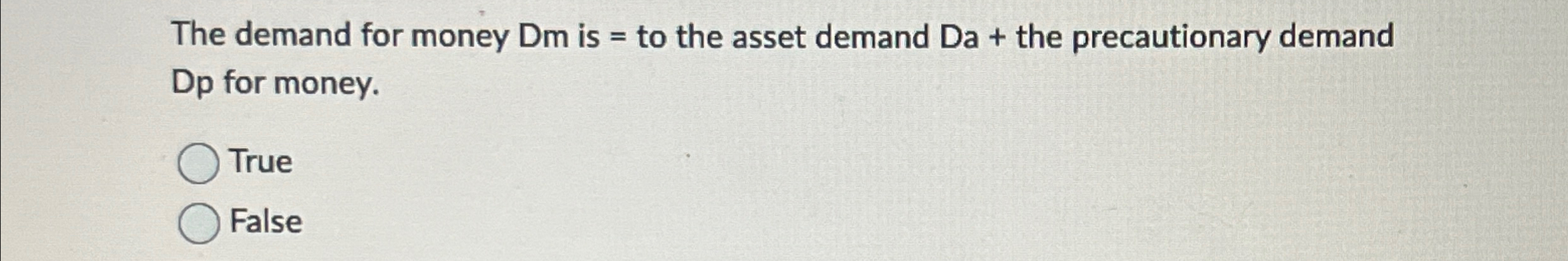Solved The demand for money Dm ﻿is = ﻿to the asset demand | Chegg.com