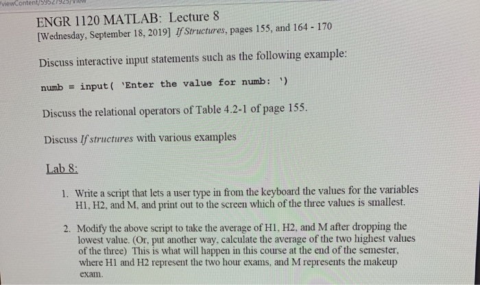 Solved ViewContenu2152 ENGR 1120 MATLAB: Lecture 8 | Chegg.com