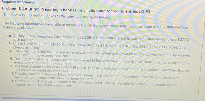 Solved Problem 8-4A (Algo) Preparing a bank reconciliation | Chegg.com