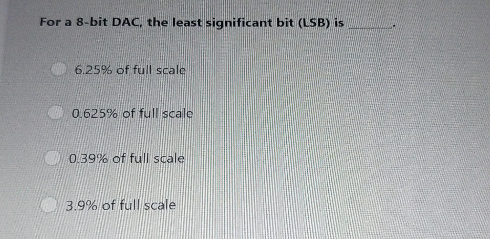 Solved For a 8-bit DAC, the least significant bit (LSB) is | Chegg.com