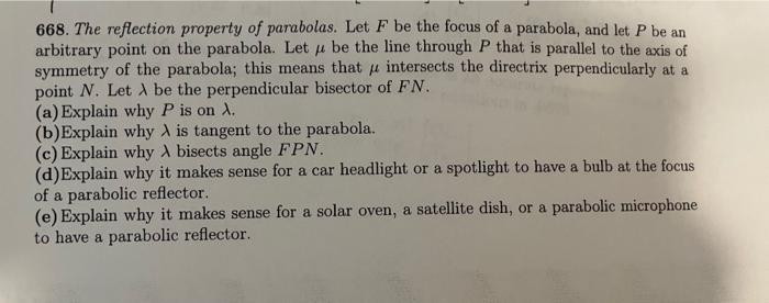 Solved 668. The reflection property of parabolas. Let F be | Chegg.com