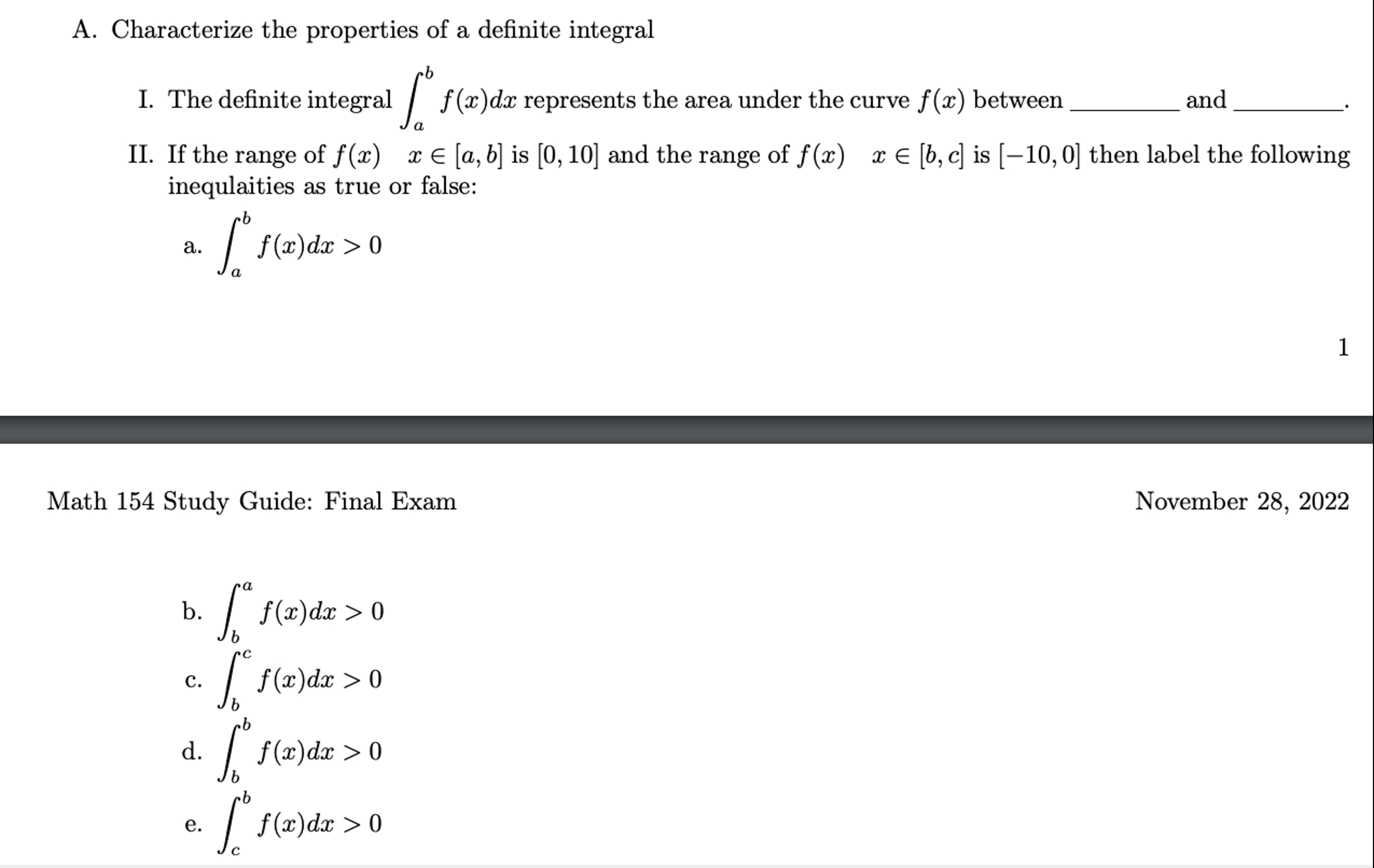 Solved NEED HELP WITH TRUE OR FALSE QUESTIONI. The definite | Chegg.com