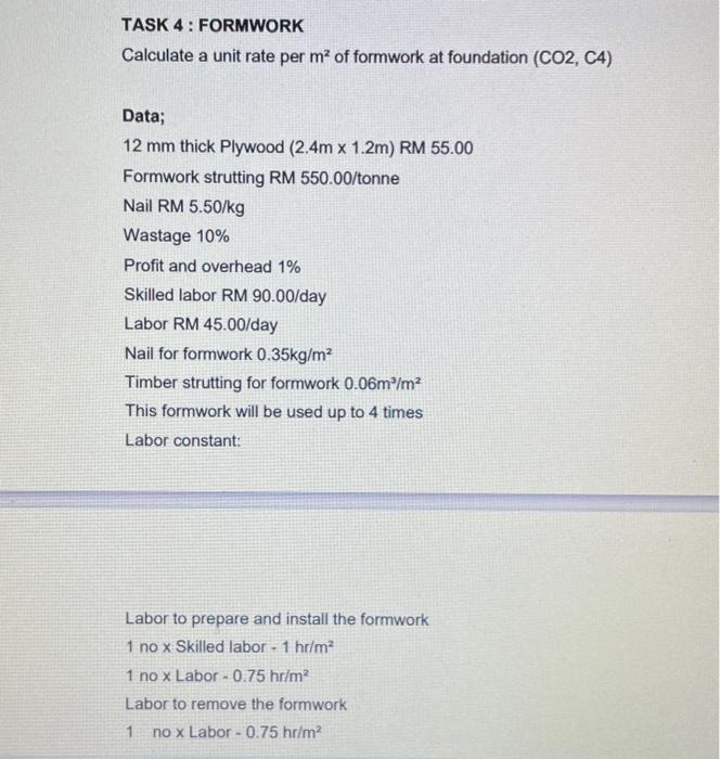 Solved TASK 4 : FORMWORK Calculate a unit rate per m2 of | Chegg.com