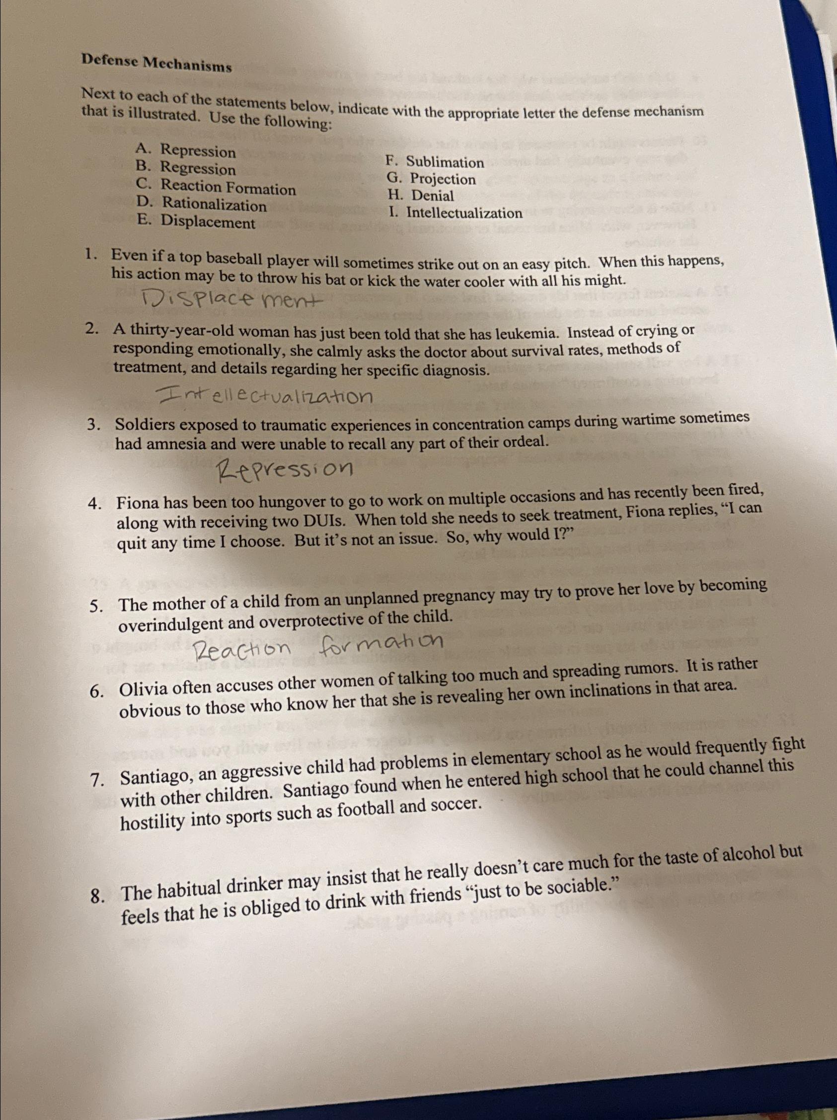 Solved Defense MechanismsNext to each of the statements | Chegg.com