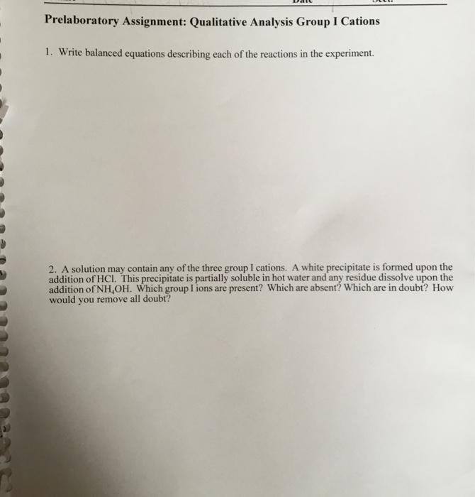 Solved Prelaboratory Assignment: Qualitative Analysis Group | Chegg.com