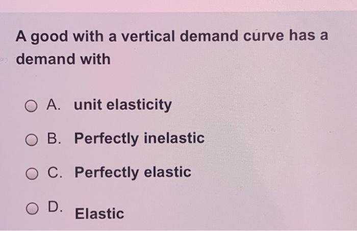 Solved A good with a vertical demand curve has a demand with | Chegg.com