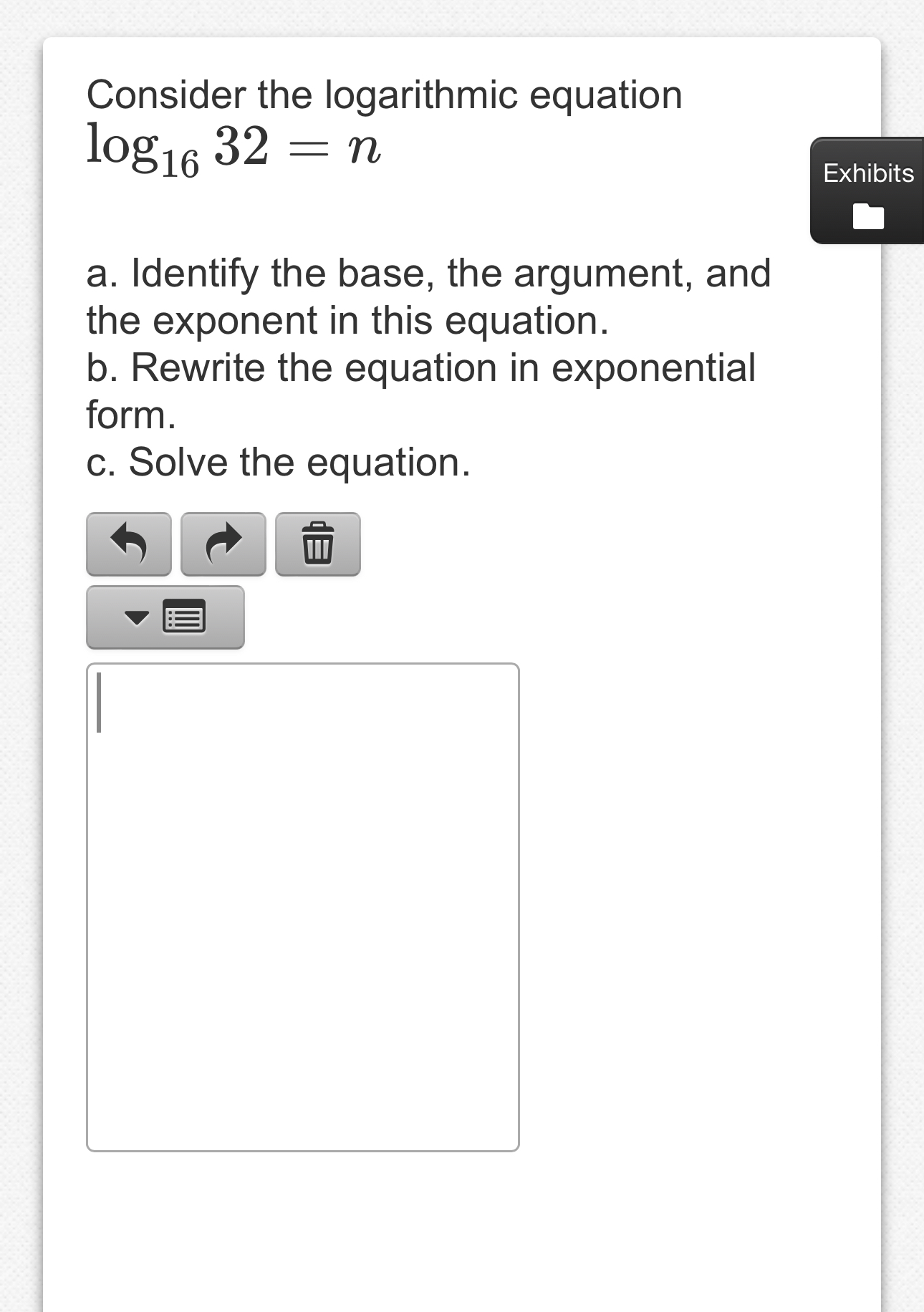 Solved Consider the logarithmic equationlog1632=na. | Chegg.com