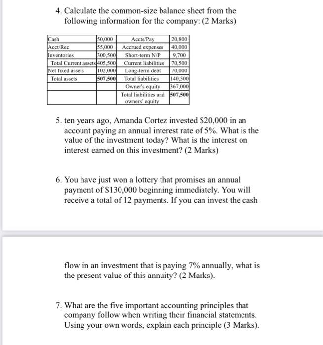 Solved 4. Calculate the common-size balance sheet from the | Chegg.com