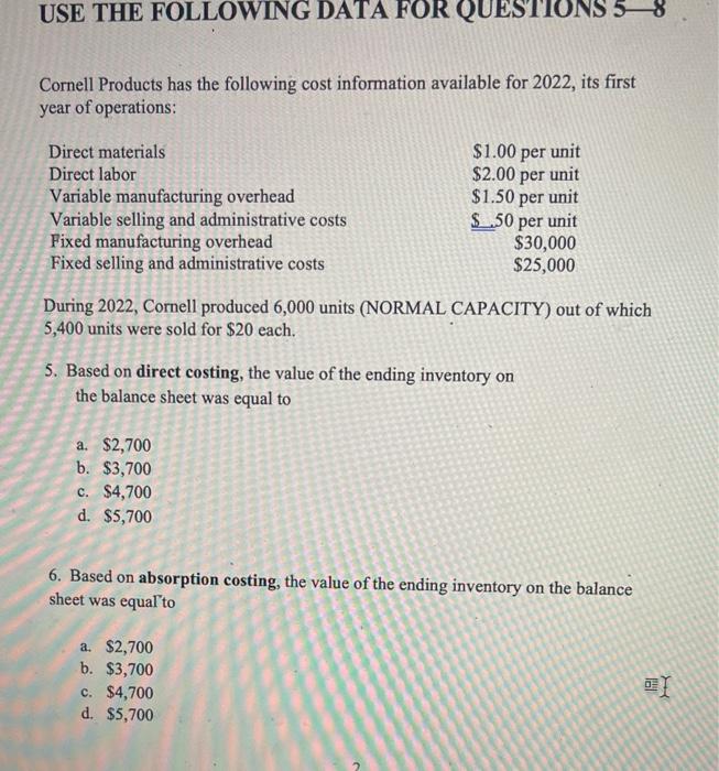 Solved USE THE FOLLOWING DATA FOR QUESTIONS 5-8 Cornell | Chegg.com