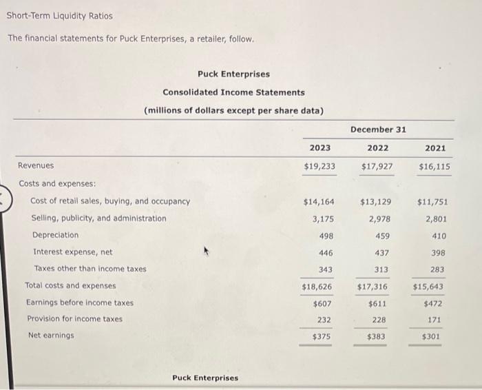 Solved Short-Term Liquidity Ratios The financial statements | Chegg.com