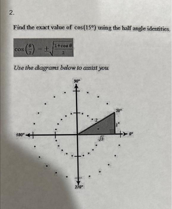 Solved Find the exact value of cos(15∘) using the half angle | Chegg.com