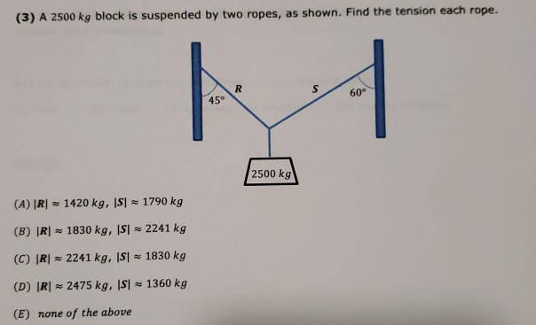 Solved (3) A 2500 kg block is suspended by two ropes, as | Chegg.com