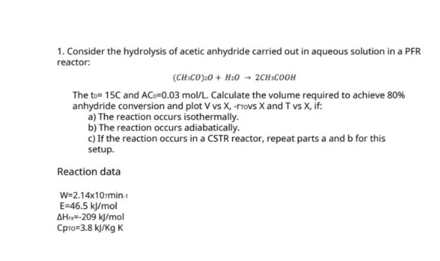 Solved 1. Consider the hydrolysis of acetic anhydride | Chegg.com