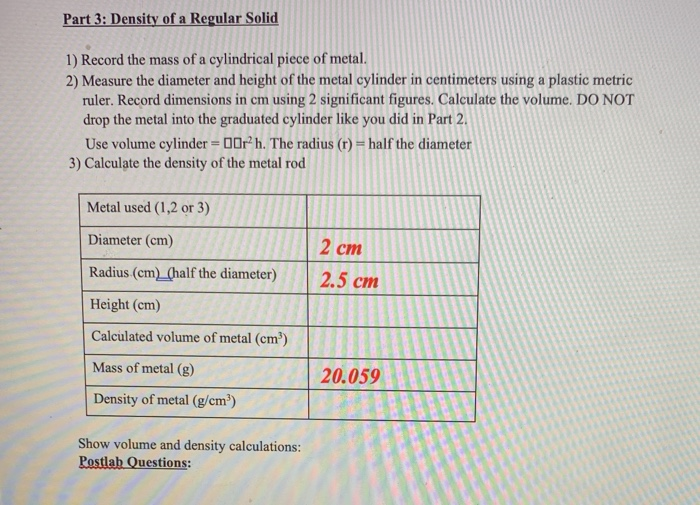 Part 3: Density of a Regular Solid 1) Record the mass | Chegg.com