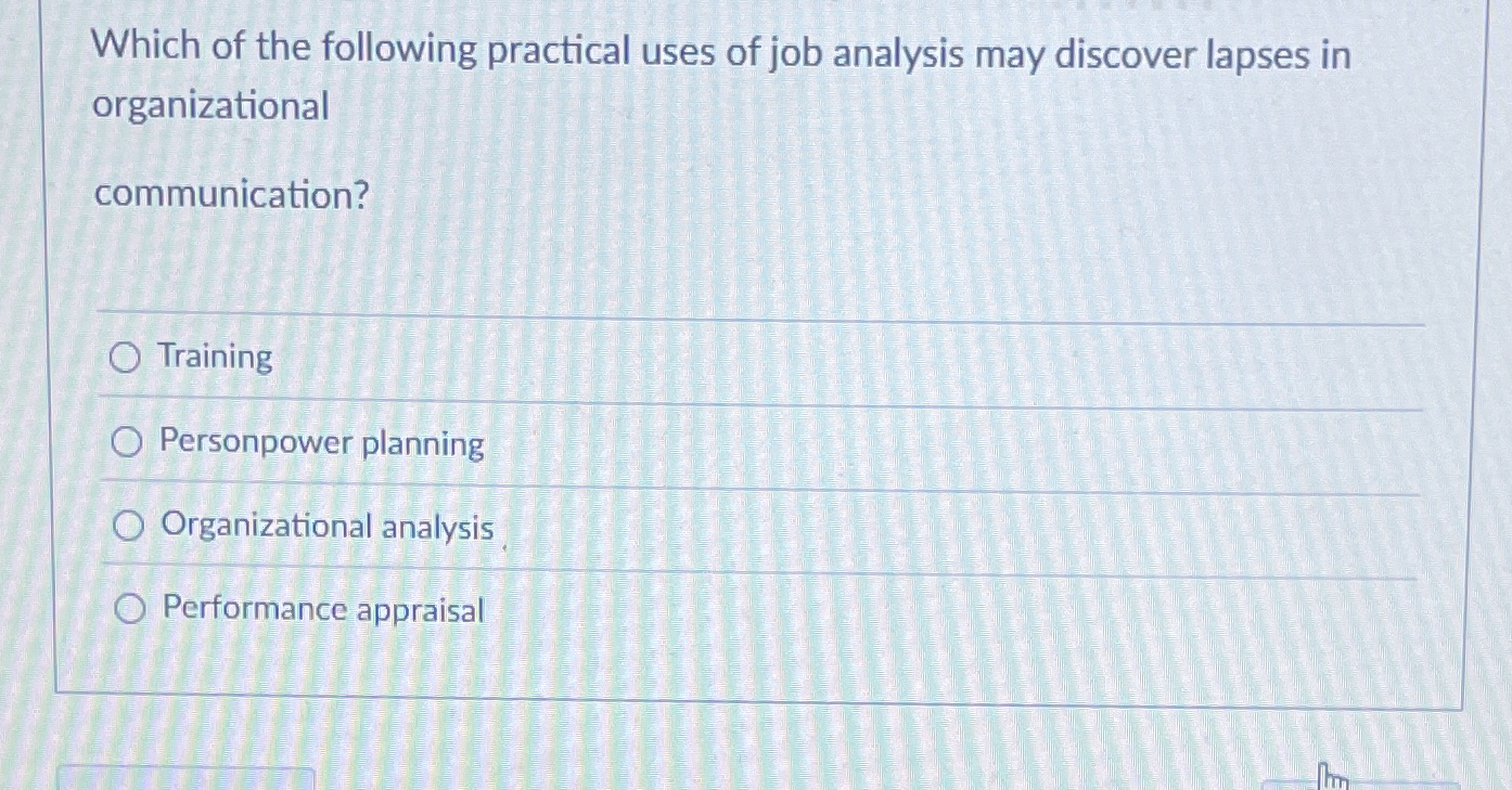 Solved Which of the following practical uses of job analysis | Chegg.com