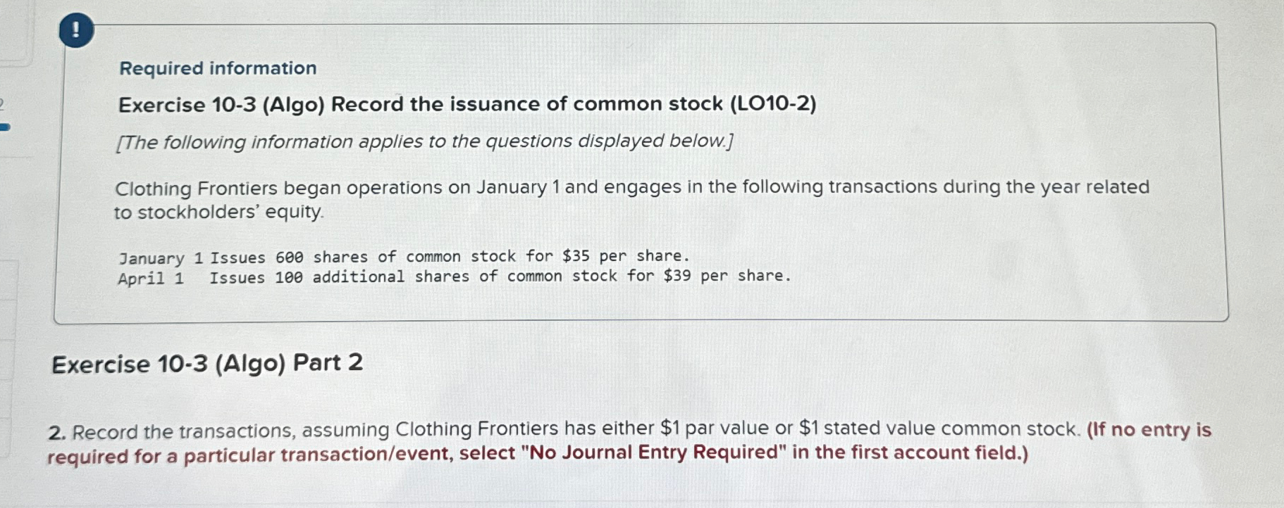 Solved !Required informationExercise 10-3 (Algo) ﻿Record the | Chegg.com