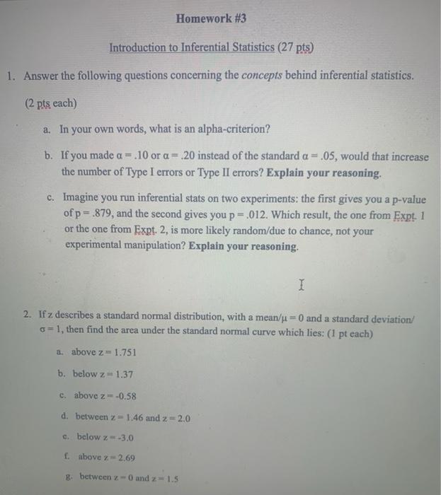 Solved Homework #3 Introduction to Inferential Statistics | Chegg.com