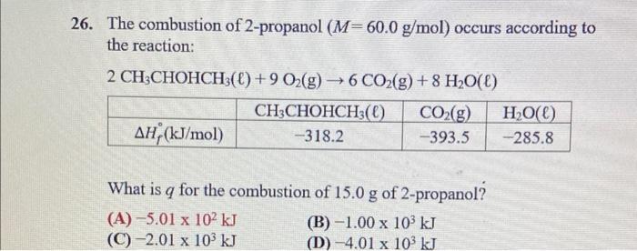 Solved 26. The combustion of 2-propanol (M= 60.0 g/mol) | Chegg.com
