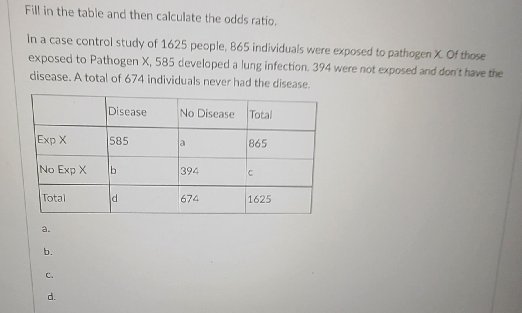 Solved Fill in the table and then calculate the odds ratio. | Chegg.com