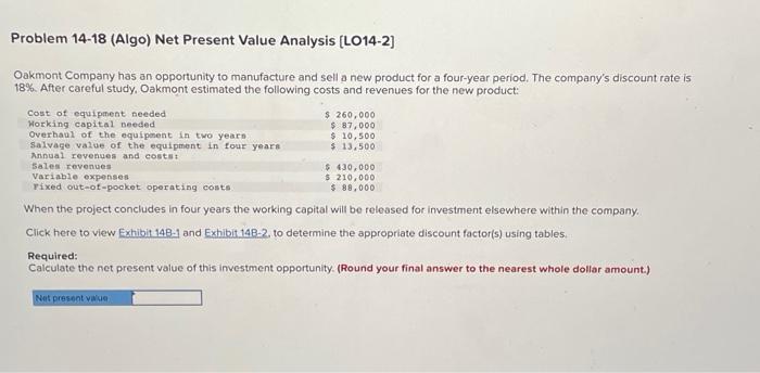 Solved Problem 14-18 (Algo) Net Present Value Analysis | Chegg.com