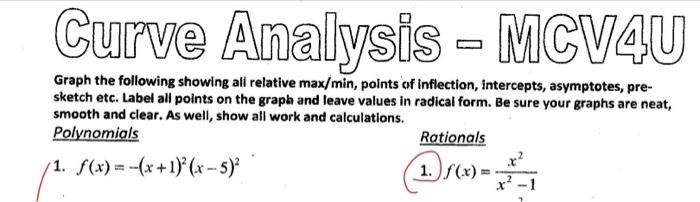 Solved Curve Analysis - MCV4U Graph the following showing | Chegg.com
