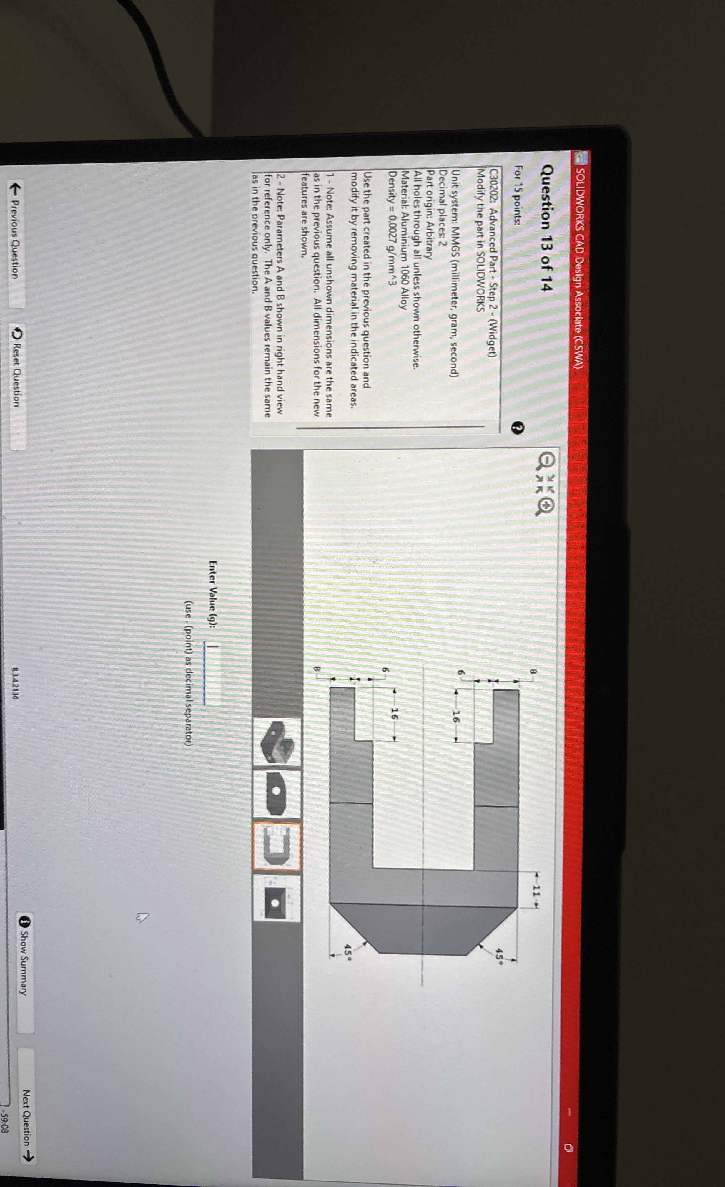 SOLIDWORKS CAD Design Associate (CSWA)Question 13 ﻿of | Chegg.com