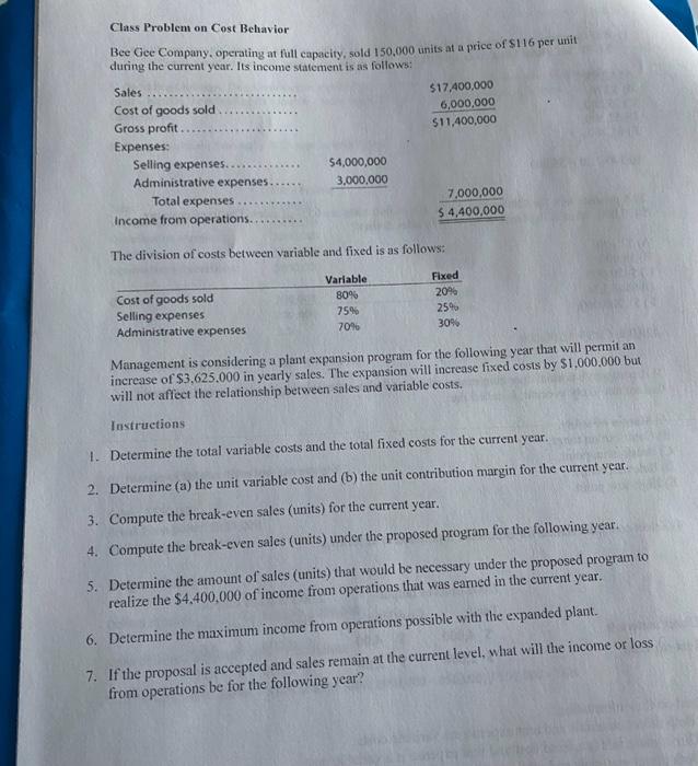 Solved Class Problem on Cost Behavior Bee Gee Company, | Chegg.com
