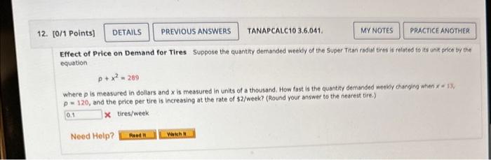Solved Effect of Price on Demand for Tires Suppose the | Chegg.com