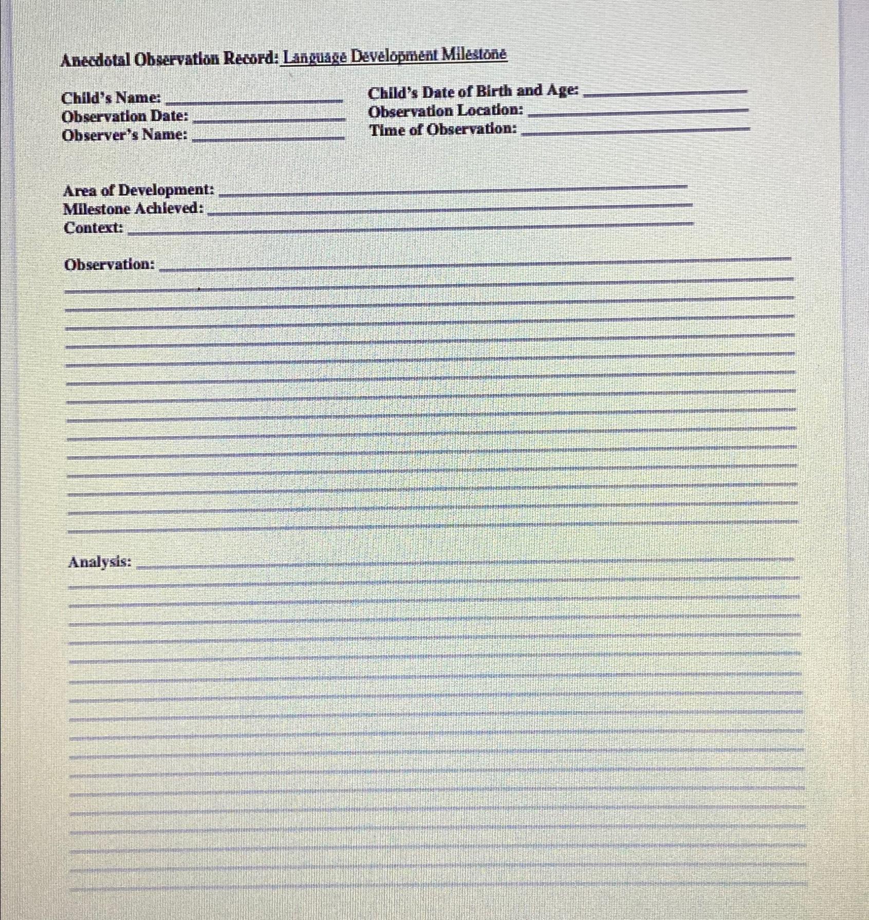 Solved Anecdotal Observation Record: Languagé ﻿Development | Chegg.com