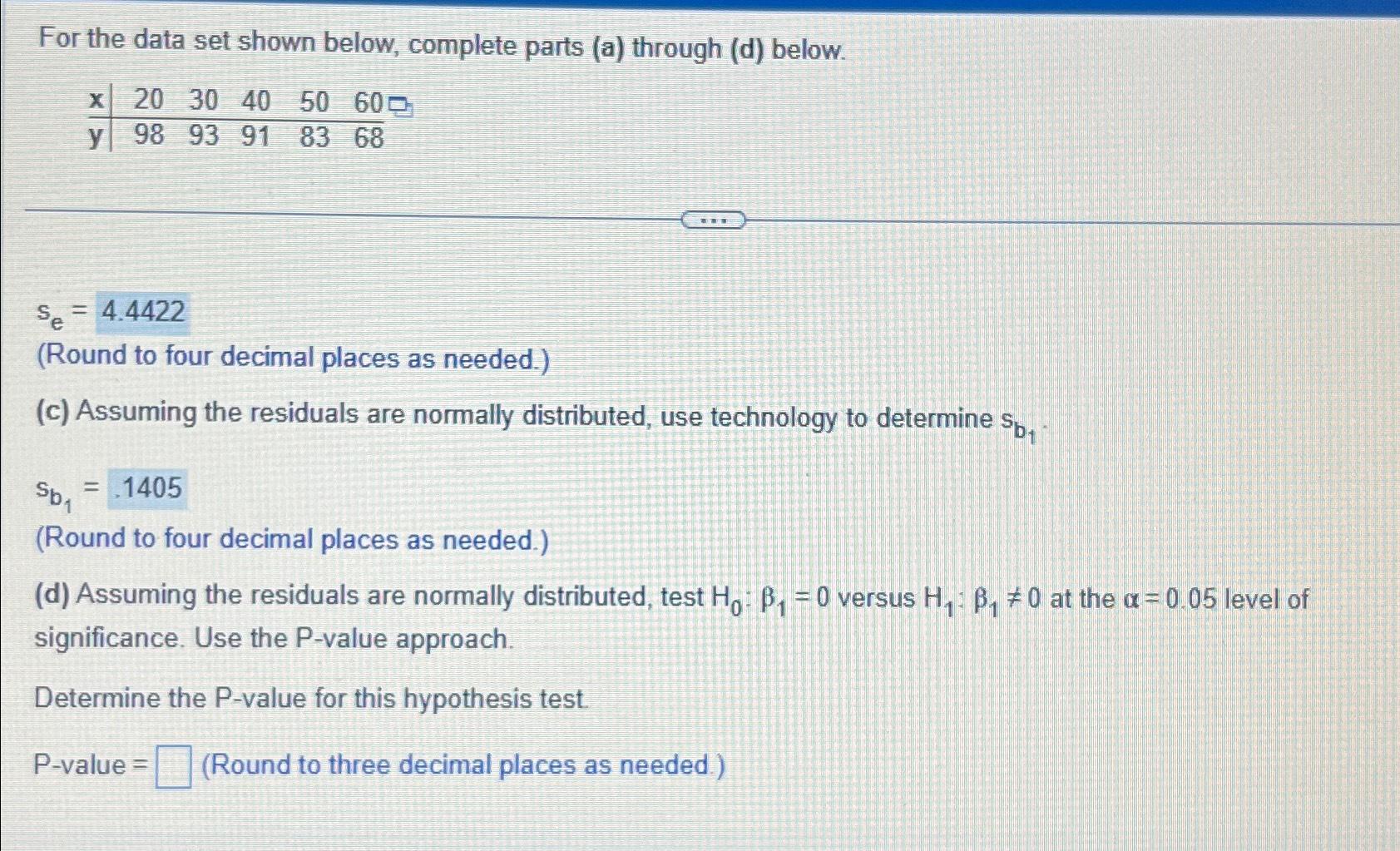 Solved For the data set shown below, complete parts (a) | Chegg.com