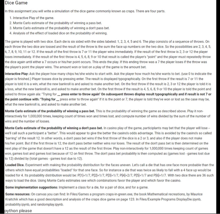 Solved Dice Game In this assignment you will write a | Chegg.com