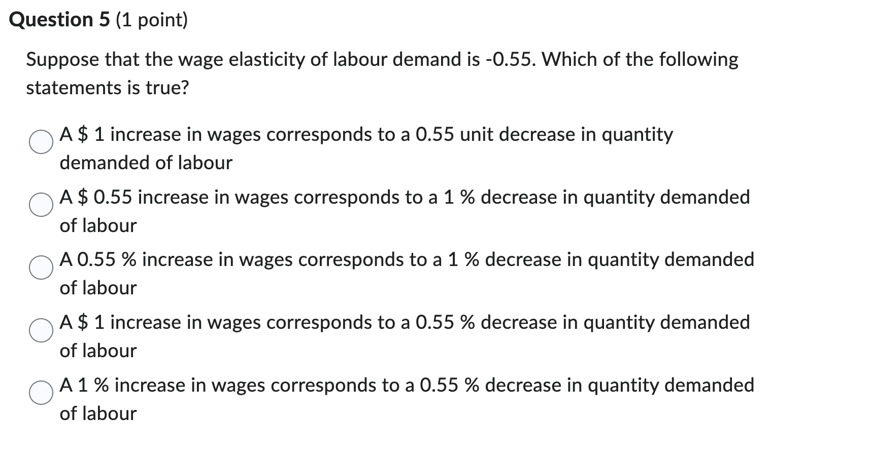 Solved Question 5 (1 ﻿point)Suppose that the wage elasticity | Chegg.com