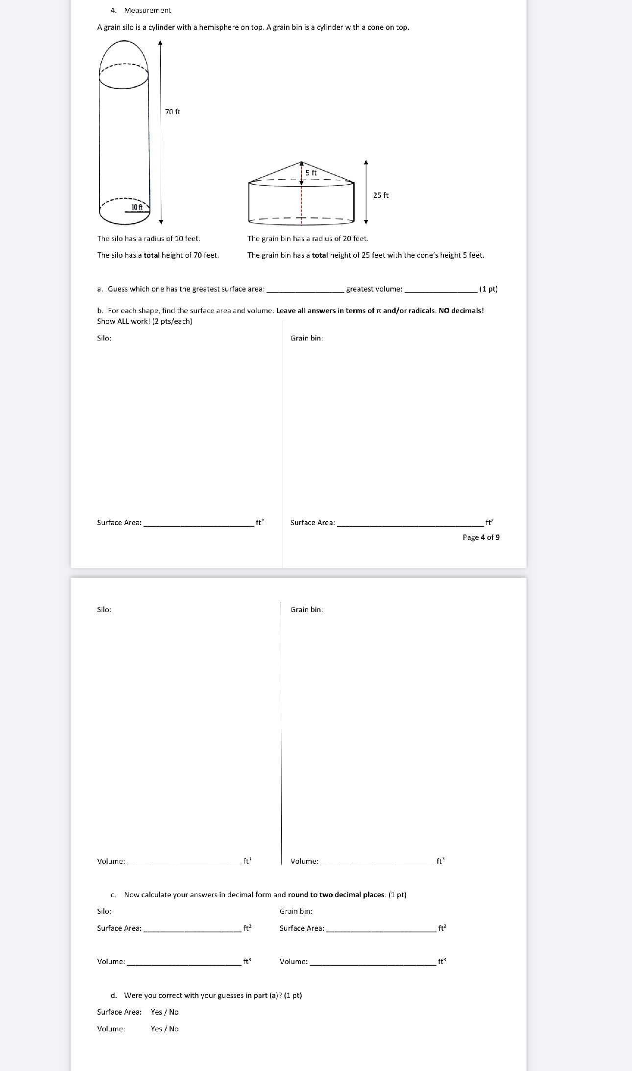 Solved MeasurementA grain silo is a cylinder with a | Chegg.com