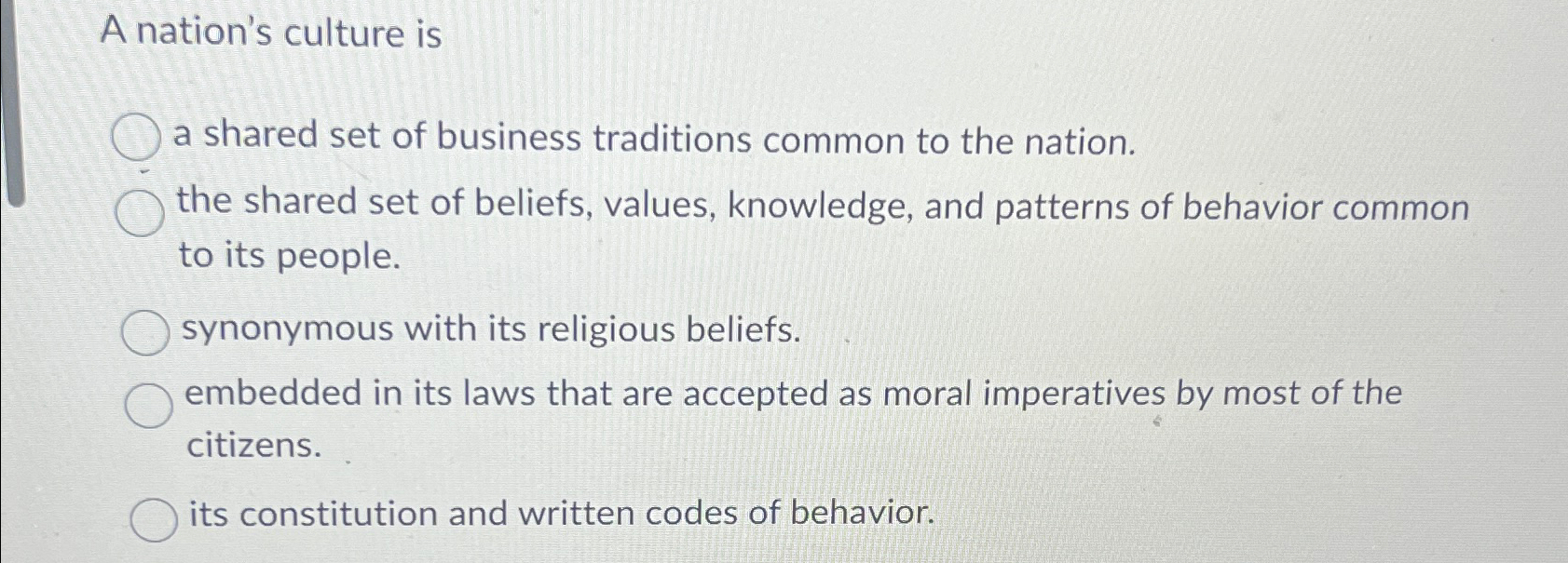 Solved A nation's culture isa shared set of business | Chegg.com