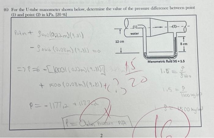 Solved For the U-tube manometer shown below, determine the | Chegg.com