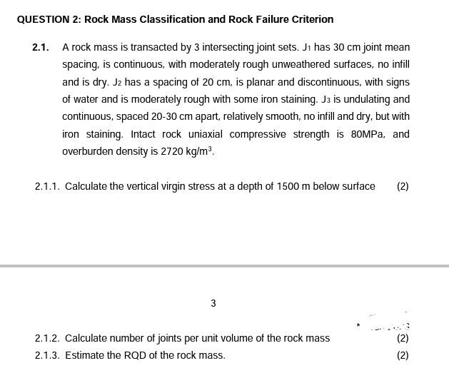 Solved UESTION 2: Rock Mass Classification and Rock Failure | Chegg.com