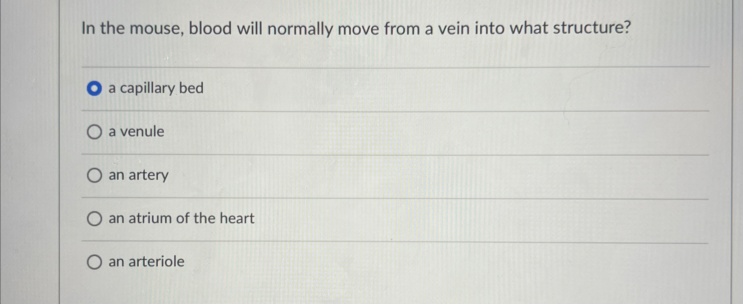 Solved In the mouse, blood will normally move from a vein | Chegg.com