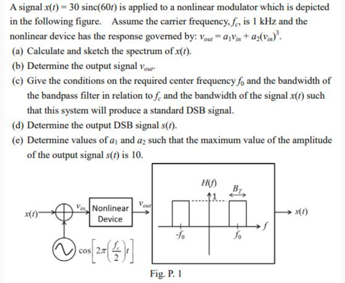 Solved A signal x(t)=30sinc(60t) ﻿is applied to a nonlinear | Chegg.com