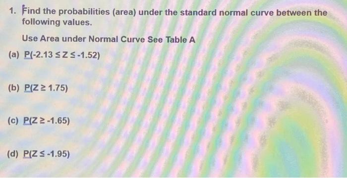 Solved 1. Find the probabilities (area) under the standard | Chegg.com