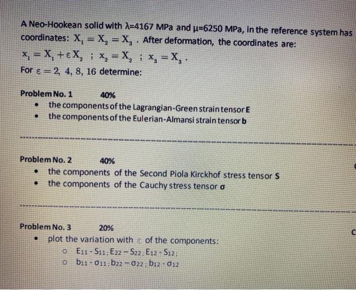 A Neo-Hookean solid with 1=4167 MPa and u=6250 MPa, | Chegg.com