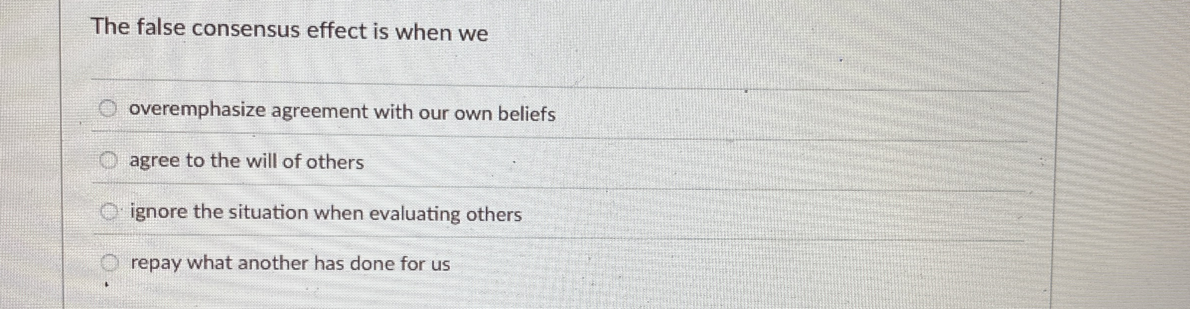 Solved The false consensus effect is when weoveremphasize | Chegg.com
