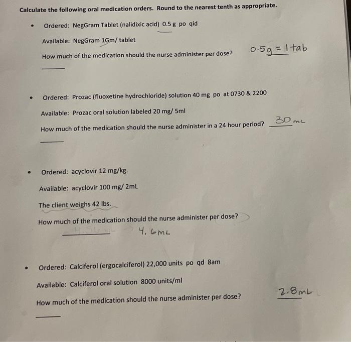 Solved Calculate the following oral medication orders. Round | Chegg.com