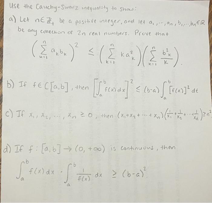 Solved Use the Cauchy-Swarz inequality to show: a) Let | Chegg.com