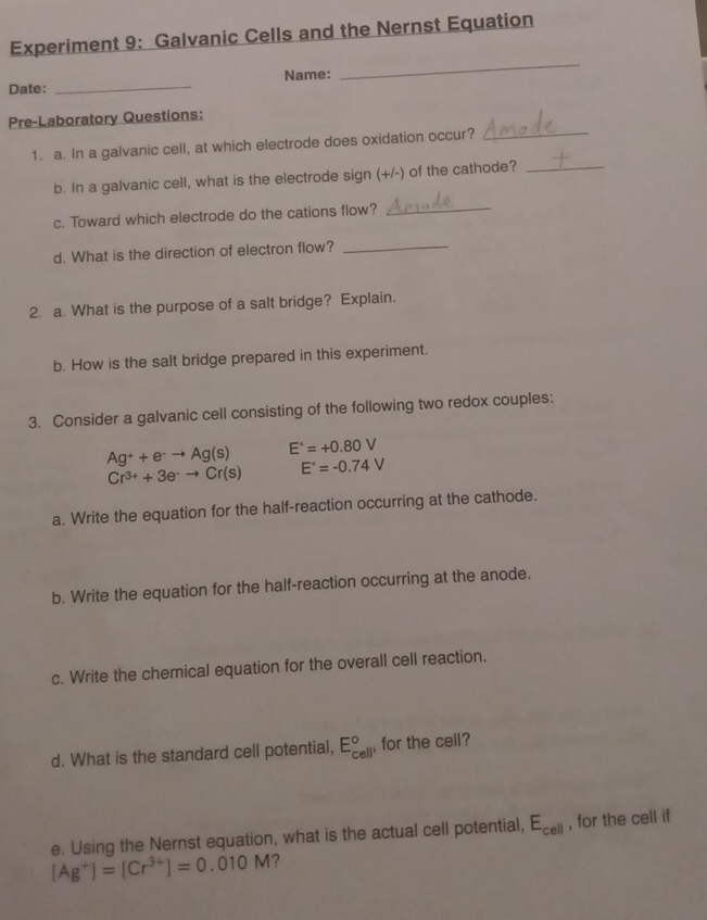 Solved Experiment 9: Galvanic Cells and the Nernst | Chegg.com