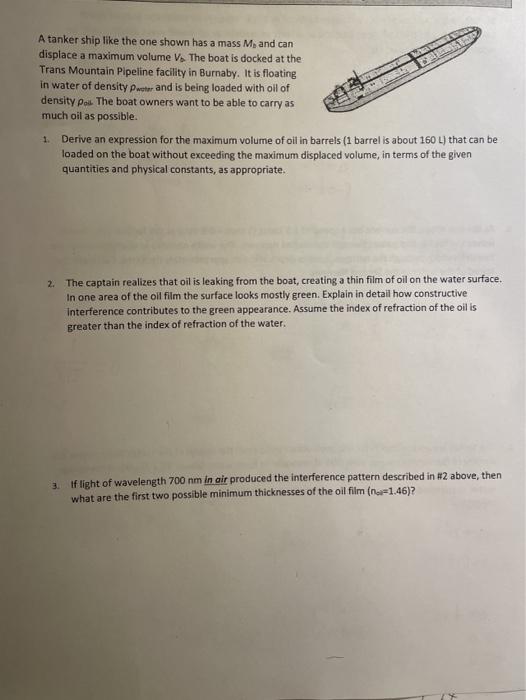 Solved A tanker ship like the one shown has a mass M, and | Chegg.com