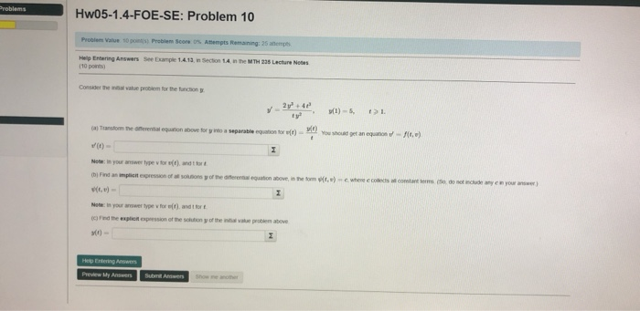 Solved Problems Hw05-1.4-FOE-SE: Problem 10 Problem Values | Chegg.com