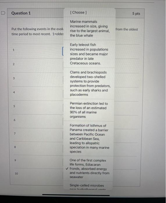 Solved Put the following events in the evolution of marine | Chegg.com