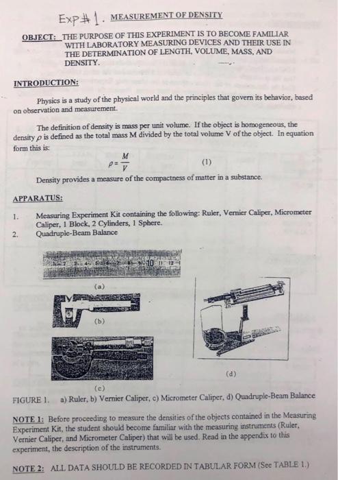 Solved Exp#1. MEASUREMENT OF DENSITY OBJECT: THE PURPOSE OF | Chegg.com