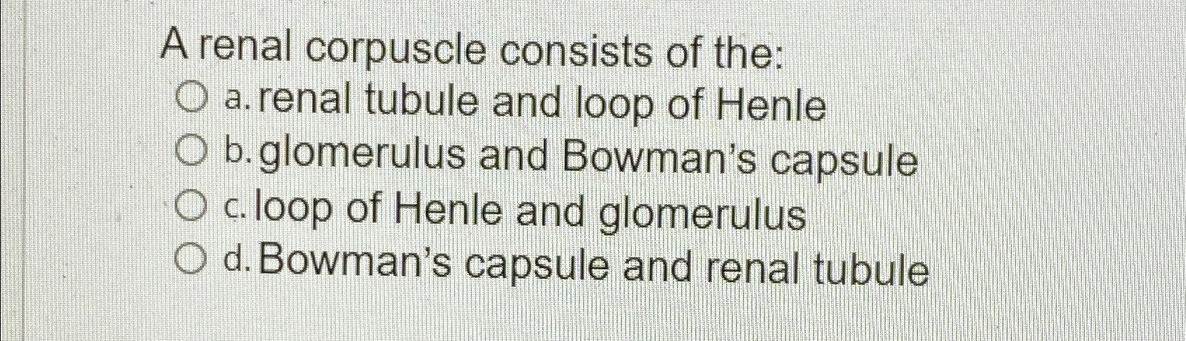 Solved A renal corpuscle consists of the:a. ﻿renal tubule | Chegg.com